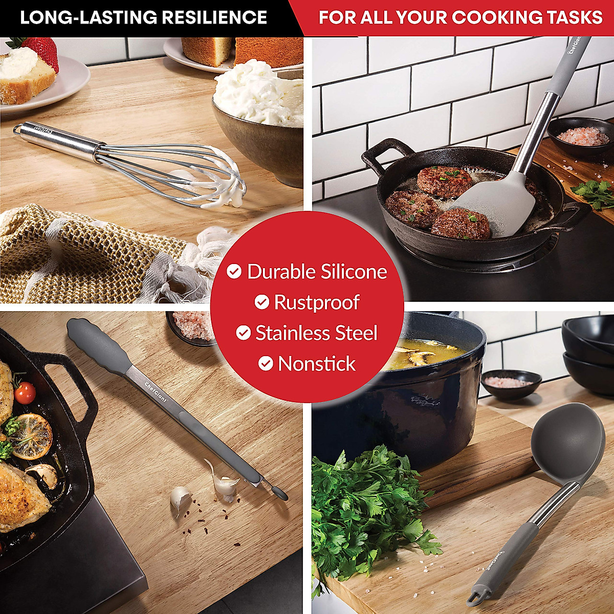 Silicone Cooking Utensils Set - Stainless Steel Handle, 15 Piece Kitchen Utensil Sets | Nonstick, Heat Resistant, BPA Free & Dishwasher Safe | Grey