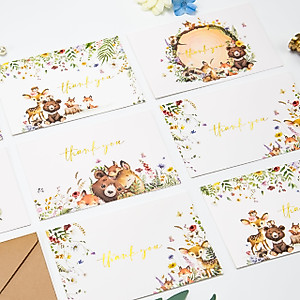 Crisky 50 Pack Woodland Thank You Cards Baby Shower Envelopes and Stickers Gold Foil Woodland Theme for Baby Shower Birthday Party Supplies 4×6 inch