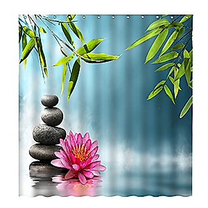 NYJSMYG Spa Shower Curtains Lotus Green Bamboo Leaf Flower and Basalt Stones Bathroom Polyester Fabric Decor Hanging Cloth Curtain Sets 70 x 70 Inch with Hooks