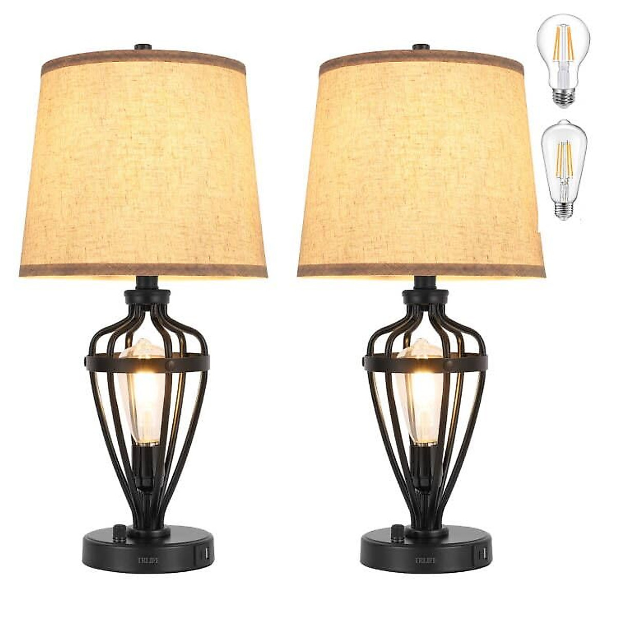 TRLIFE Table Lamps, Set of 2 Fully Dimmable Table Lamps with 2 USB Ports Nightstand Lamps with Fabric Lampshade for Living Room Bedroom(4 Dimmable Bulbs Included)
