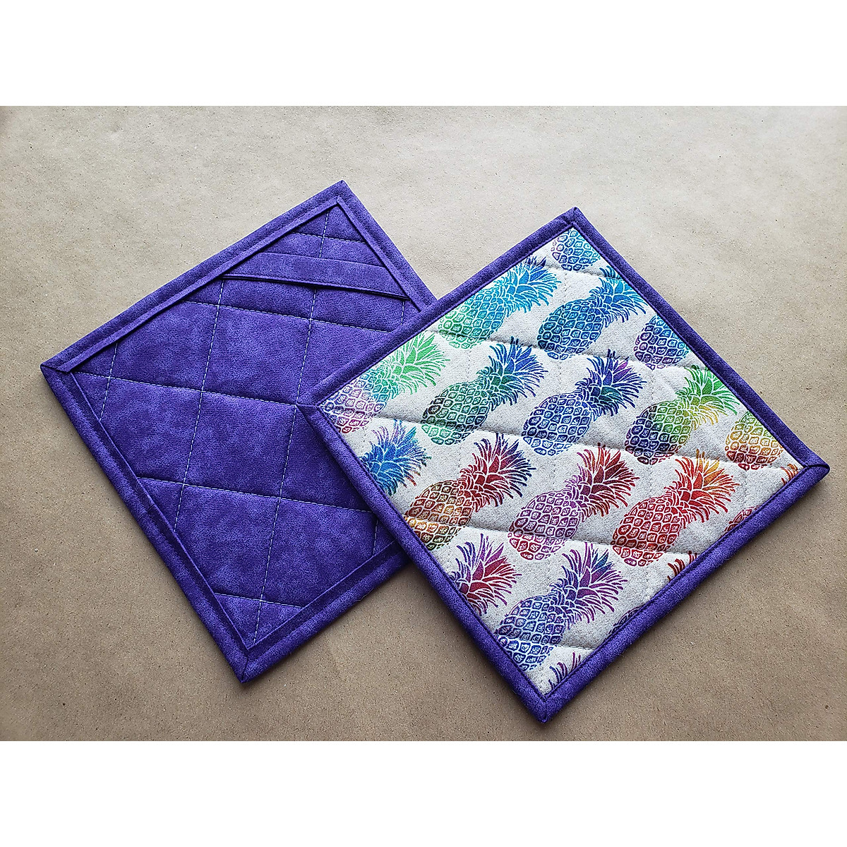 Rainbow Pineapple Potholders Set of 2 Handmade Hospitality Hostess Gifts Under 20 Summer Kitchen Linens Insulated Hot Pads Pair Quilted Trivets Charleston SC Themed Kitchen Decor