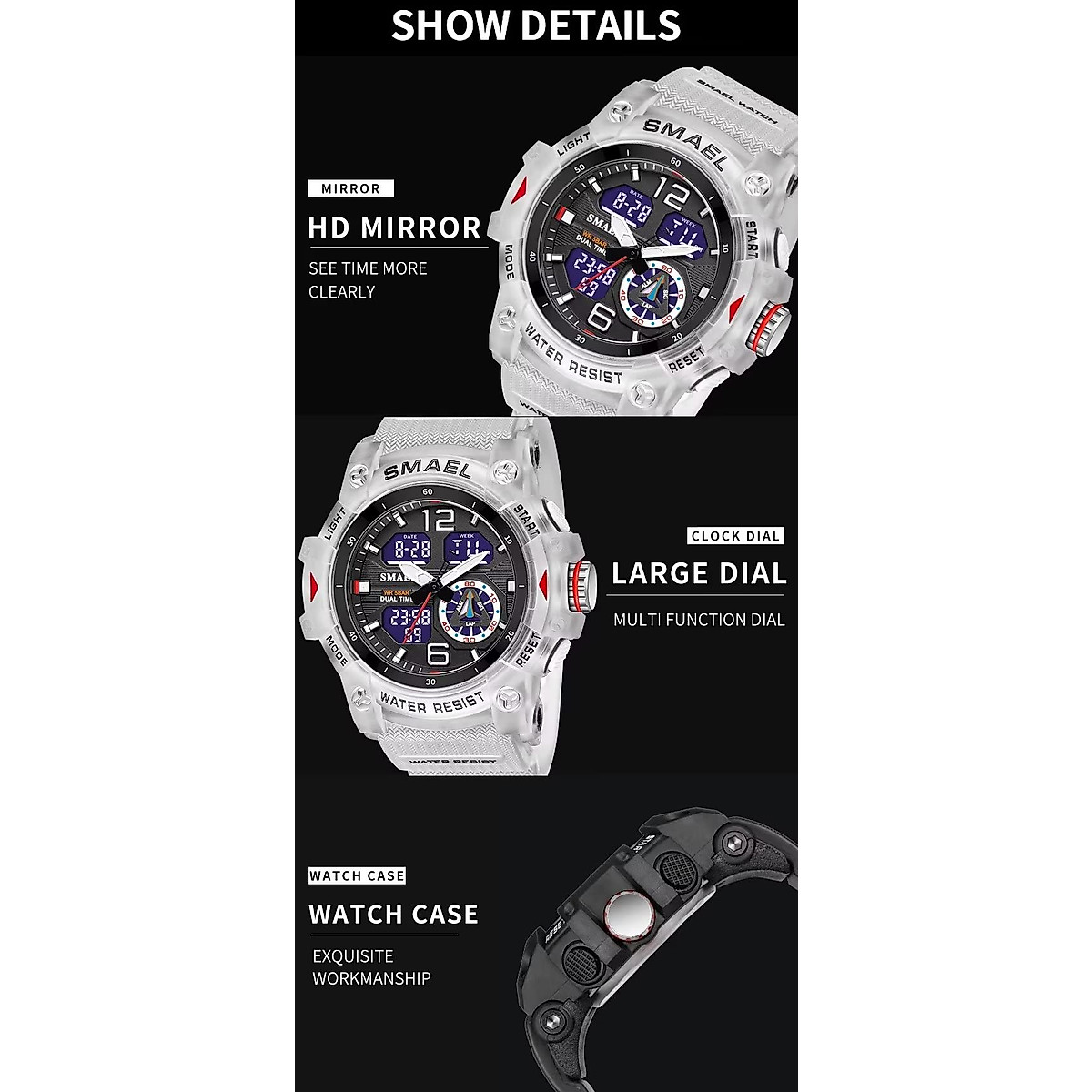 HOOSHU Mens Watches Tactical Watches for Men Analog Dual Display Sports Watch Military LED Stopwatch Electronic Large Waterproof (Crystal)