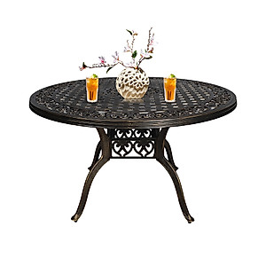 PATIO-IN 48.23" Patio Dining Table, All-Weather Cast Aluminum Table with 2.36" Umbrella Hole, Patio Furniture Table, Outdoor Dining Table for Backyard and Poolside