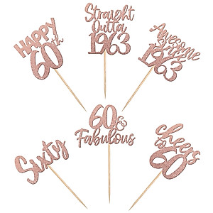 24 PCS Happy 60th Birthday Cupcake Toppers Glitter Sixty Straight Outta 1963 Cupcake Picks Cheers to 60 Fabulous Awesome Since 1963 Cake Decorations for 60th Birthday Party Supplies Rose Gold