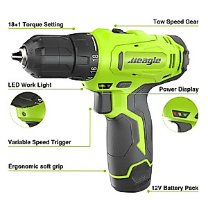 Meagle Cordless Drill, 12V Power Drill set with Battery & charger, 2 Variable Speed Electric Drill 18+1 Torque Setting, 3/8” Chuck with Drill Bits& Tool Bag