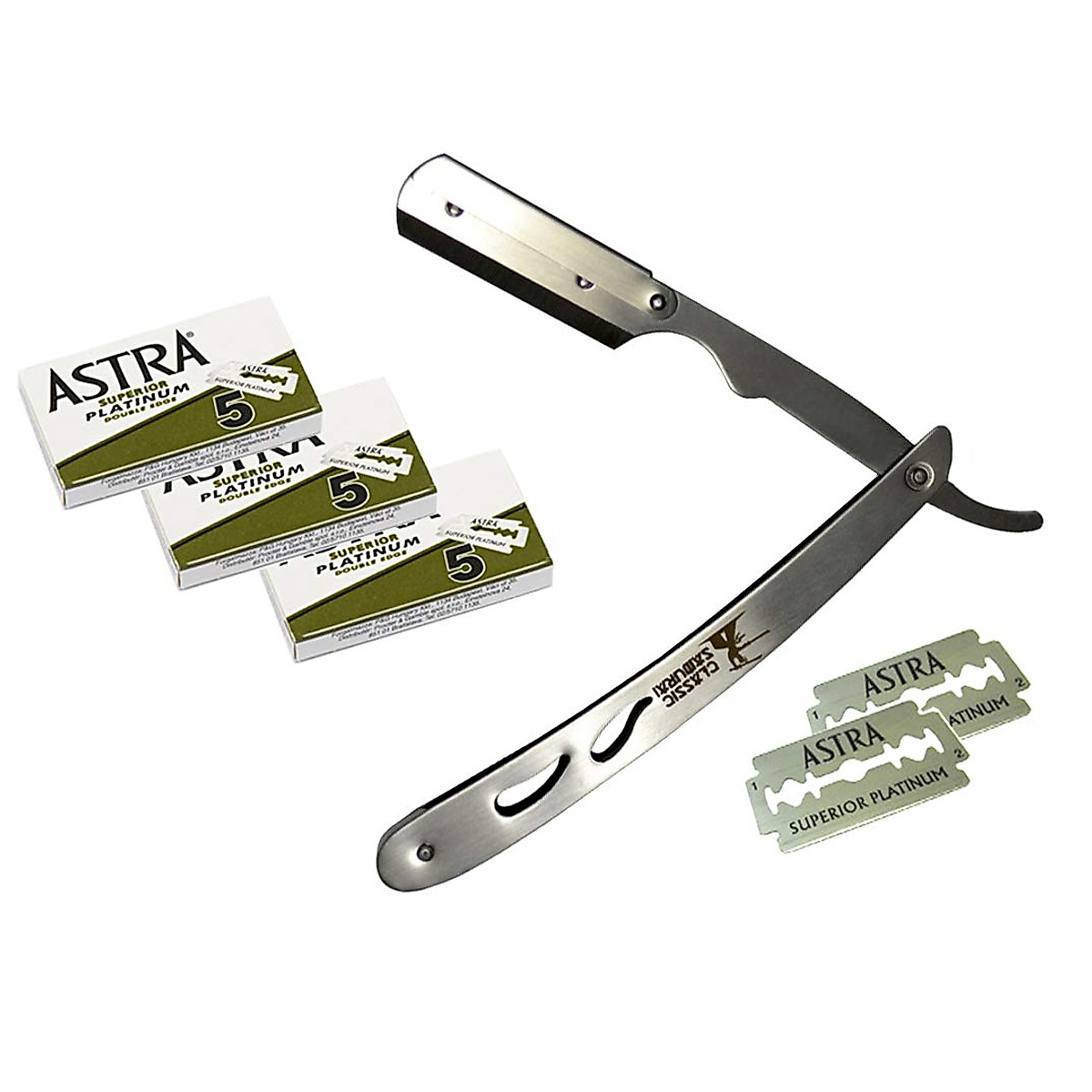Classic Samurai CS-102 Stainless Steel Professional Barber Straight Edge Razor with 15 Astra Double Edge Razor Blades (Silver + 15 Astra Blades)