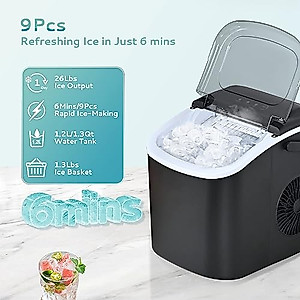 Inhdolnd 26Lbs/ 24H Self-Cleaning with Scoop Handel Portable Ice Maker Machine Countertop