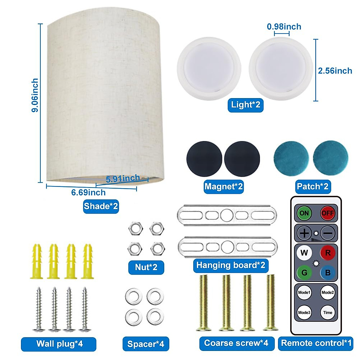 SIXDEFLY RGB Wall Sconces Set of Two,with Fabric Shade and Remote Control, Rechargeable Battery Operated Wall Sconces， for Bedroom Living Room Hallway