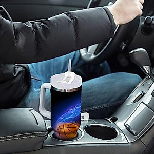 Caikeny Insulated Tumblers with Lid and Straw Basketball Ball 30 oz Reusable Stainless Steel Cup Flames Lights Water Bottle Coffee Travel Tumbler Mug for Women Men
