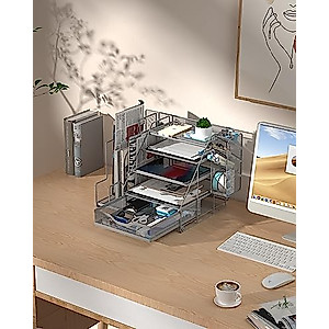 VIVSOL Silver Desk Organizer and Accessories Storage with 5-Tier Paper Letter Tray, Mesh Desktop Organizer with Pen Holder and Sliding Drawers for Office, School, Home to Collect Office Supplies