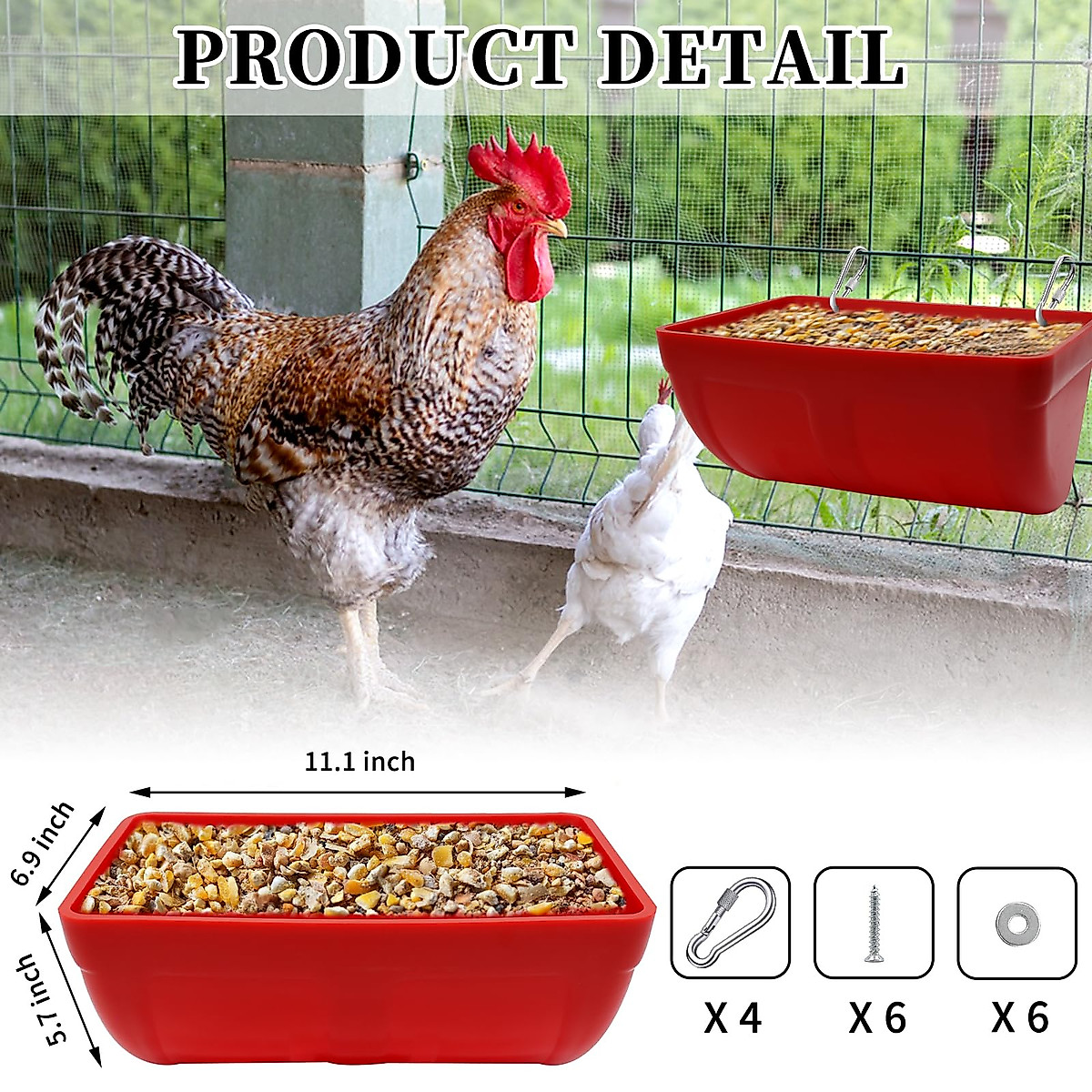 2 Pack Chicken Feeder Feed Trough with Clips Hanging Fence Feeder for Goat Chicken Duck Goose Deer Sheep Piglets Poultry Waterer Bucket Feeding Container for Livestock Goat Feeder Supplies (Red)