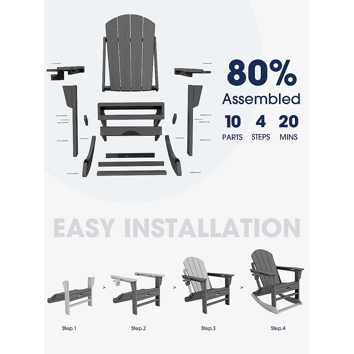 KINGYES Folding Adirondack Rocking Chair with Retractable Ottoman and Cup Holders, 4-in-1 Multifunctional HDPE Adirondack Chair for Porch, Patio, Balcony, Leaden Grey