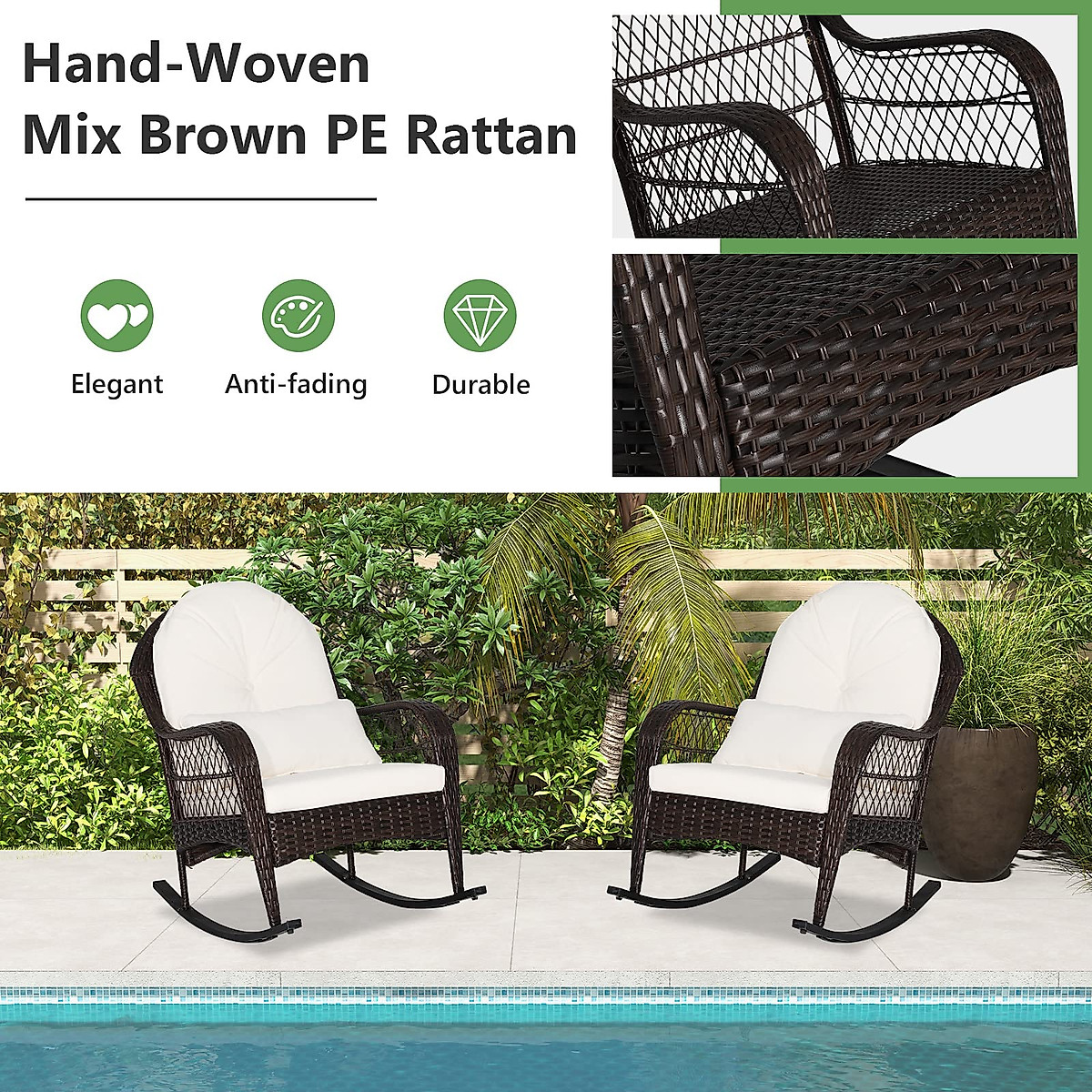 ORALNER Patio Wicker Rocking Chair, Outdoor PE Rattan Rocker with Seat and Back Cushion, Waist Pillow, Armrests, Garden Chair for Porch, Backyard, Poolside, Deck (1, Off White)
