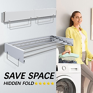 GOOUQA Clothes Drying Rack Collapsible Wall Mounted, 31.5" Wide Space Saving Retractable Drying Rack Laundry Clothing with Wall Template, 13.2 Linear Ft, 60 lb Capacity, White