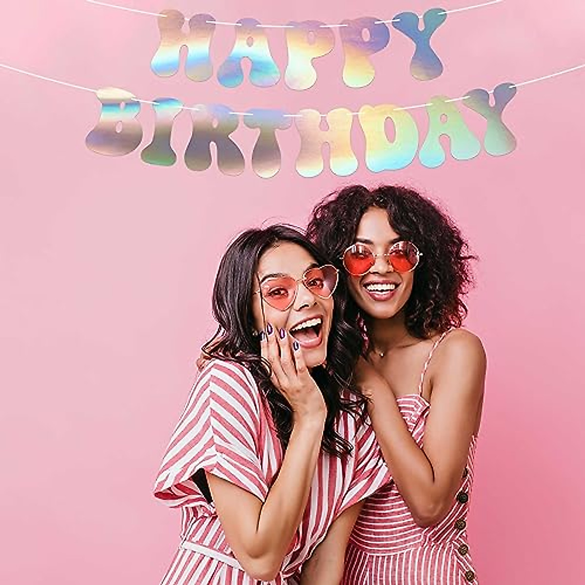 Pre-Strung Happy Birthday Banner - NO DIY - Iridescent Birthday Party Banner - Pre-Strung Garland on 8 ft Strands - Holographic Shiny Foil Retro 70s Birthday Party Decorations. Did we Mention no DIY