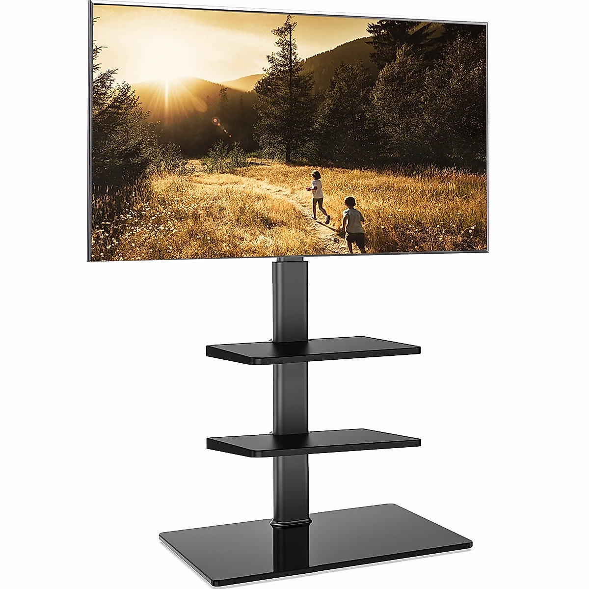 FITUEYES Floor TV Stand for 32 39 40 43 49 50 55 60 Inch TVs, TV Floor Stand with Swivel Mount, Max Holds 66lbs, White Glass Base, Height Adjustable TV Mount for Corner & Bedroom (With 2 Shelf, Black)