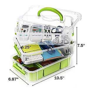 Yesland 3 Layer Stack & Carry Box Set of 2, Small Plastic Dividing Storage Box with Removable Tray Arts and Crafts Organizer Storage Container Portable Sewing Box for Sewing, Green and Orange