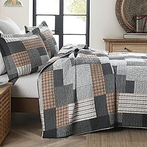 SahSahCasa, Queen Bedding Set, 3Pcs, 100% Cotton, Farmhouse Patchwork Quilt, Plaid Reversible, Grey/Black/Brown/White, All-Season Use, Lightweight, Washable
