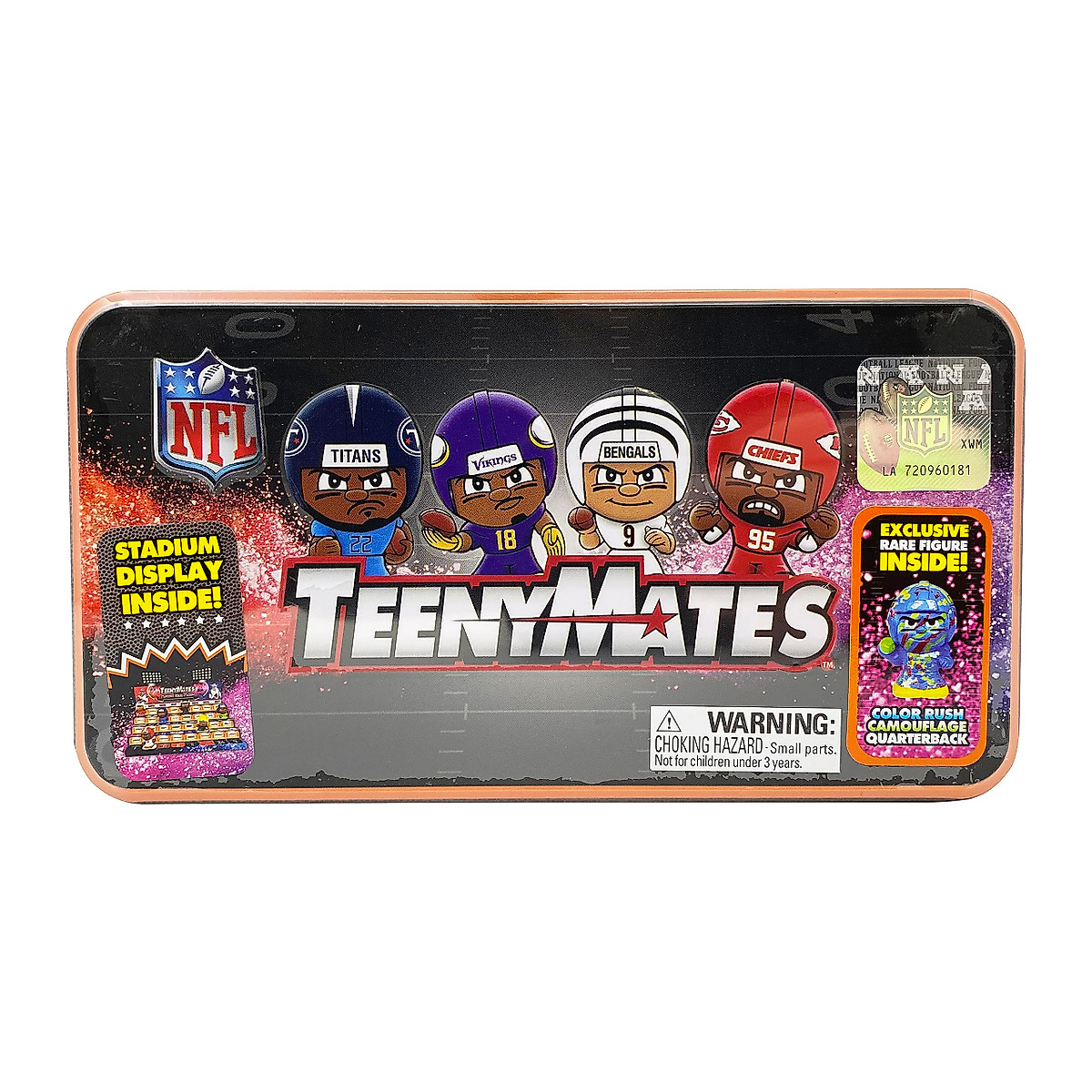 TeenyMates Party Animal NFL 2023 Series 12 Collector Tin, 7 Figures (Includes Color Rush QB), 1 Inch Tall, Team Colors