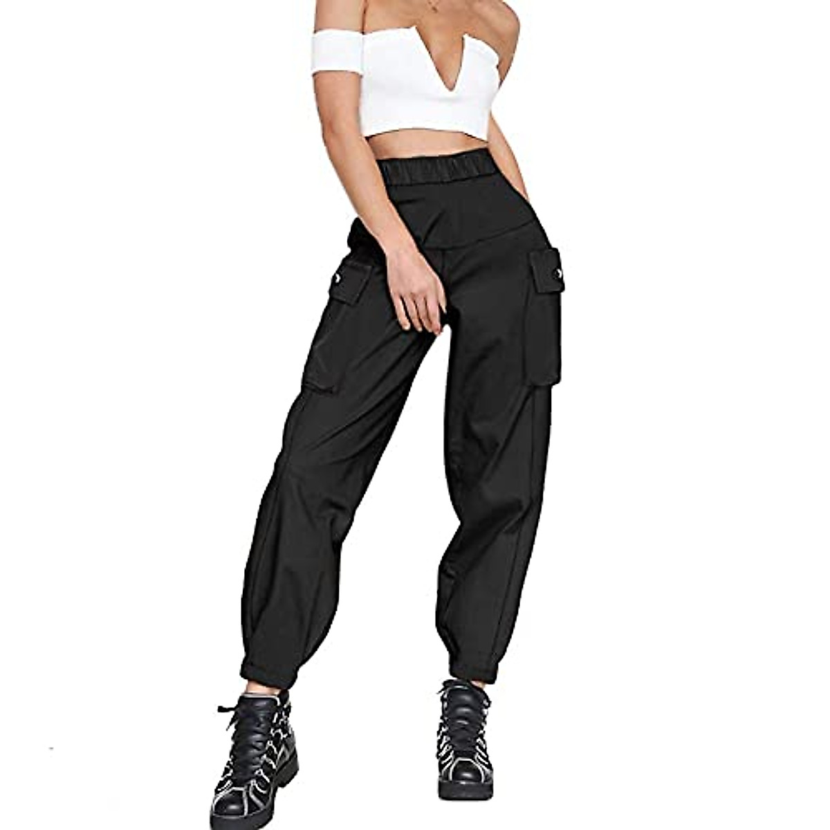 guyueqiqin Women's Cargo Pants, Casual Outdoor Solid Color Elastic High Waisted Baggy Jogger Workout Pants with Pockets(M,Black)