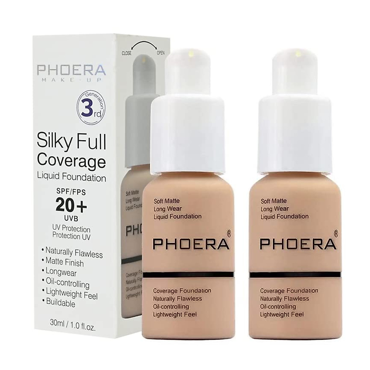 BestLand 2Pack PHOERA Foundation Full Coverage Liquid Foundation Cream - Long-lasting Lightweight Concealer - Oil-Free Formula - Natural Shade - Suitable for All Skin Types (102 Nude & 103 Warm Peach)