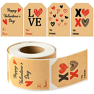 Haooryx 280Pcs Valentines Heart Gift Tags Stickers Gift Wrapping, 4 Designs Self Adhesive Kraft Paper Name Writable Labels Stickers for Valentine's Day Presents Package Envelope Seals Cards Decoration