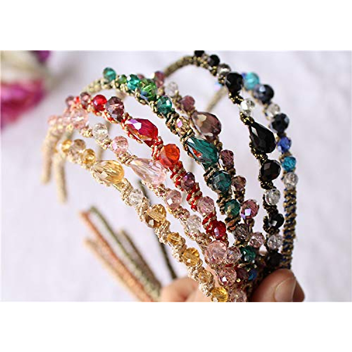 ShungFun 7 Pieces Women Fashion Thin Beads Crystal Headbands Antislip Hair Loop Clasp Glitter Hairbands Elastics Hair Bands for Wedding Hair Accessories (Yellow,Pink,Red,Green,Purple,Black and