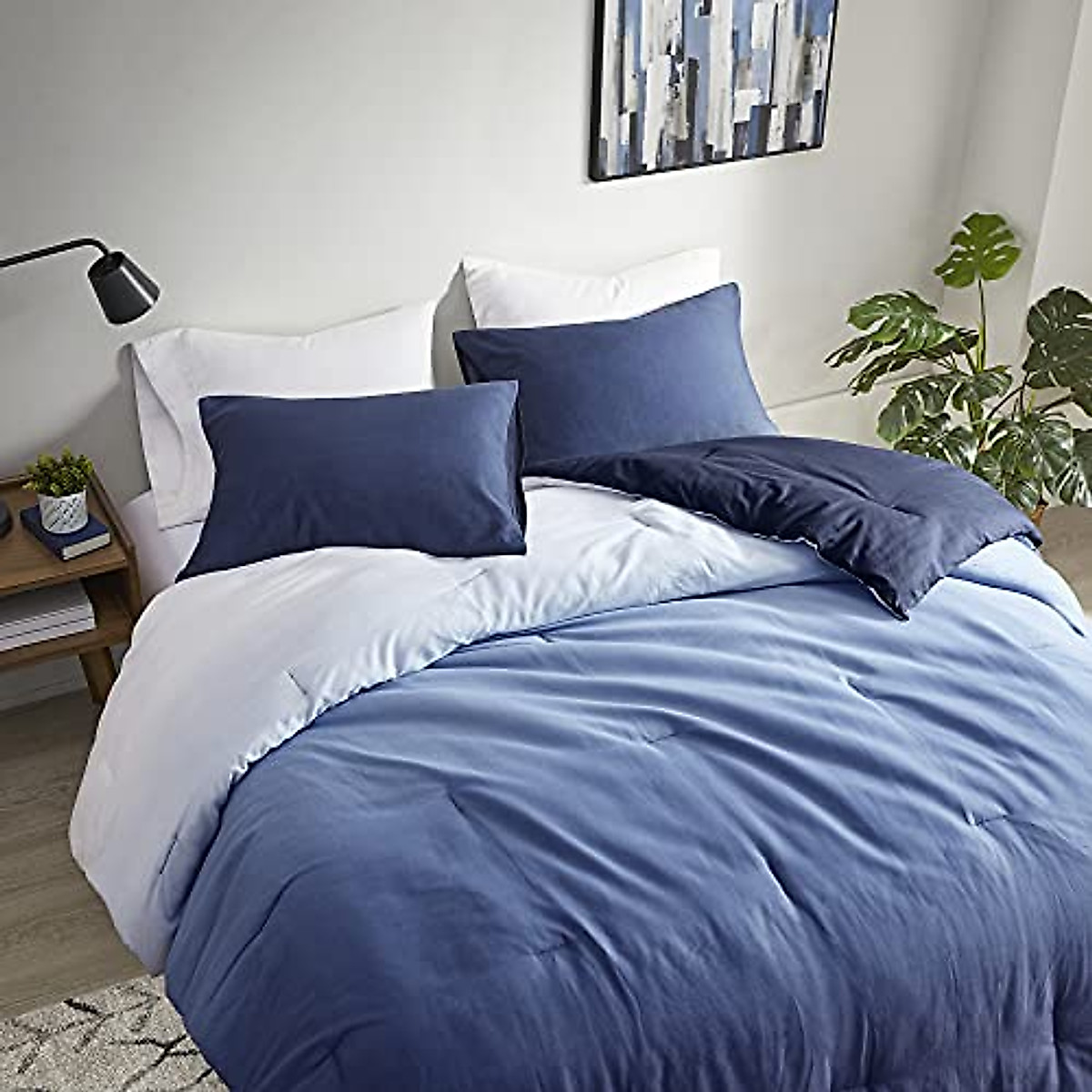 Madison Park 100% Sateen Cotton Comforter Set, Breathable, Soft Cover, Trendy, All Season Down Alternative Cozy Bedding with Matching Shams, Full/Queen (90 in x 90 in), Indigo Blue 3 Piece