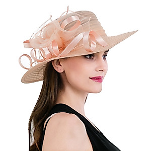 Dantiya Womens Organza Wide Brim Floral Feather Ribbon Kentucky Derby Church Dress Sun Hat, Flesh Pink Free