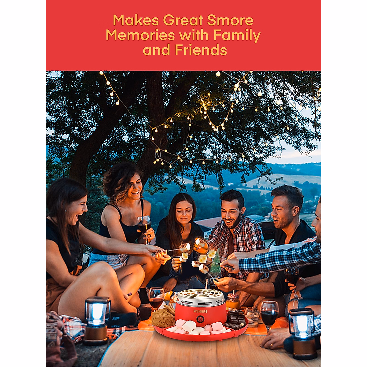 FOHERE Smores Maker Tabletop Indoor, Flameless Electric Marshmallow Roaster with 4 Detachable Trays & 4 Roasting Forks, Movie Night Supplies & Housewarming Gift, Red
