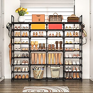 ROJASOP Large Shoe Rack Organizer for Entryway Closet 64-68 pairs 9-Tier Heavy Duty Tall Garage Shoe Rack Shoe Shelf Shoes Storage with 18 Pcs Removable Side Hooks for Bedroom and Garage Black