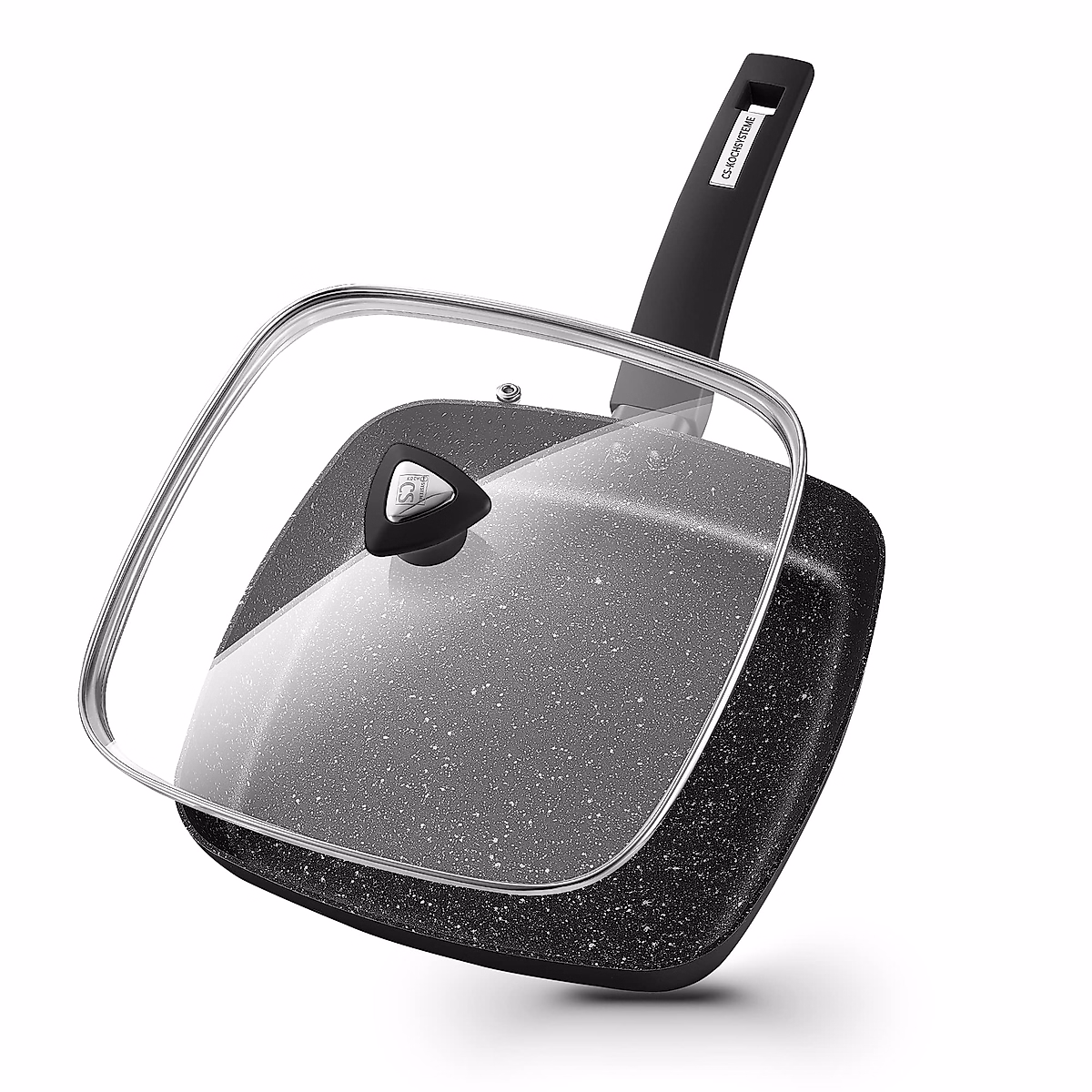 KOCH SYSTEME CS 9.5 Inch Nonstick Grill Pan for Stove Tops, Marble Coating Square Grill Skillet with Lid, Fry Pan Compatible with all Stoves, Ultimate Nonstick Skillet with Bakelite Handle, Toxic-Free