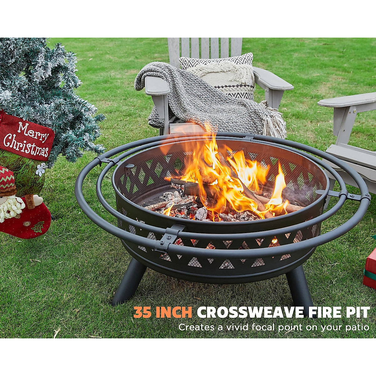 fissfire 35 Inch Fire Pit, Outdoor Wood Burning Fire Pit Crossweave with Spark Screen Fire Poker with 2 Loops, for Backyard Patio Garden Bonfire, Black