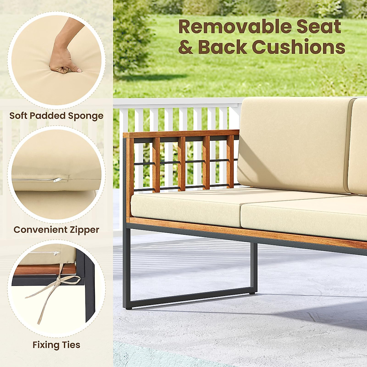 Tangkula Acacia Wood Outdoor Sofa Set, 4 Pieces Outdoor Furniture Set with Heavy Duty Metal Frame, Soft Seat & Back Cushions, for Balcony, Porch, Backyard or Poolside (1, Beige)