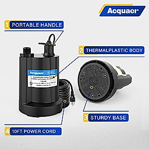 Acquaer Submersible Water Pump 1/6 HP Sump Pump Thermoplastic Utility Pump Small Electric Water Pump 1750GPH Water Remove for Basement Hot Tubs Garden Pool Cover Draining with 10 ft Cord