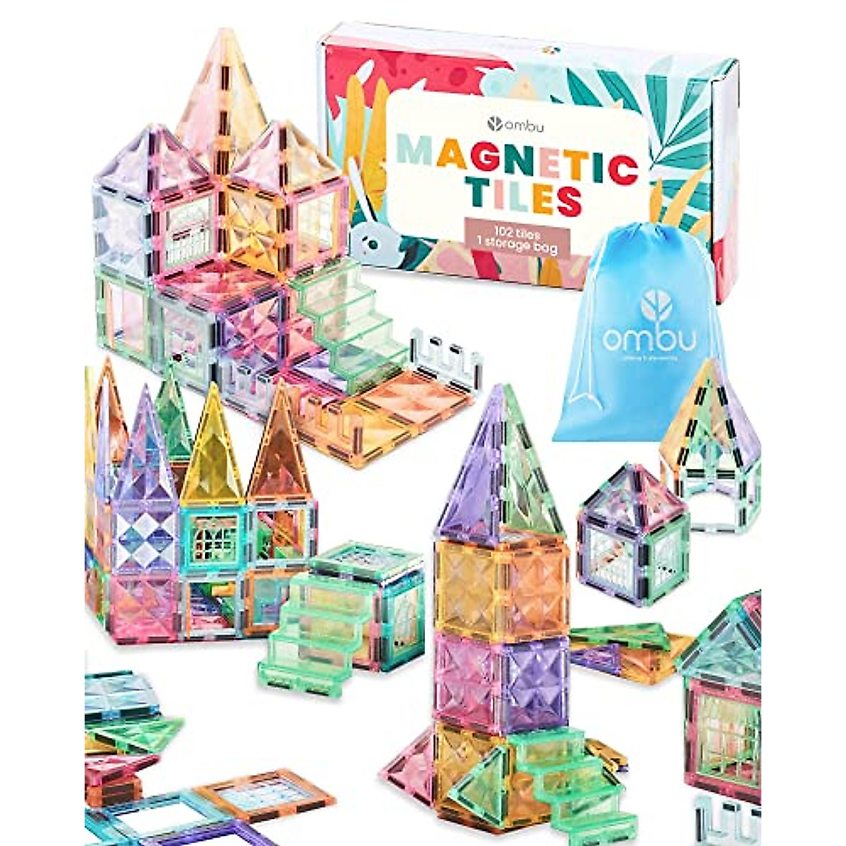 OMBU Pastel Magnetic Tiles for Kids, 102 Pieces - STEM Toy, Magnetic Building Blocks for Kids - Textured Magnet Tiles for Kids with Storage Bag