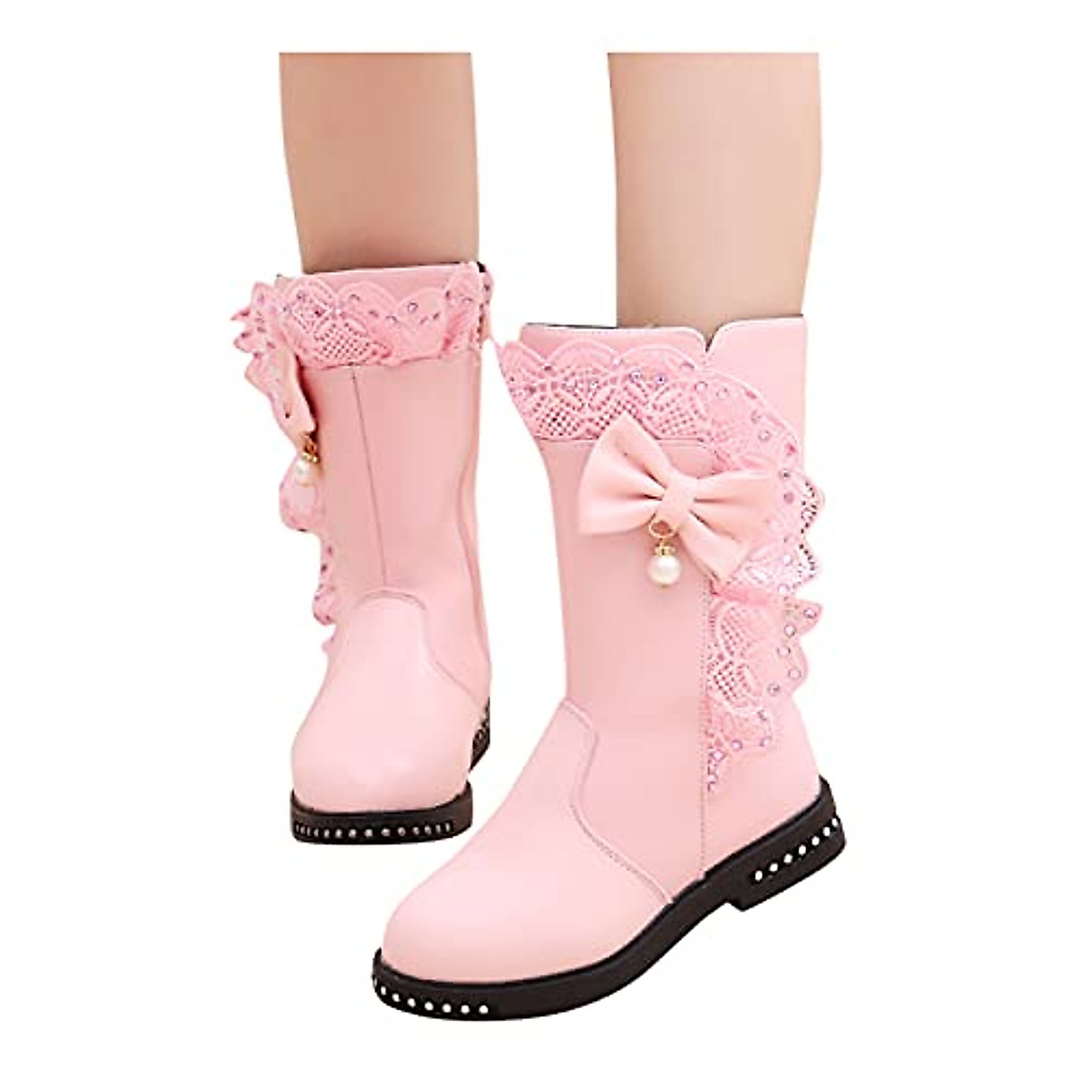 Lykmera Lace Boots for Baby Girl Fashion Winter Boots for Girl Kids Boots Shoes Princess Knee Bowkont Shoes Slip on Boots (Pink, 10.5-11 Years Big Kids)