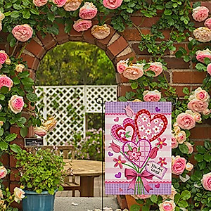 Dyrenson Happy Valentine's Day Pink Red Love Hearts Flower Decorative Garden Flag, Floral Purple Buffalo Plaid Check Farmhouse Yard Outside Decorations Wedding Anniversary Outdoor Small Decor 12x18