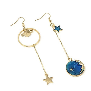 Honbay Enamel Moon Star Earth Planet Asymmetrical Earrings Chic Long Pendant Dangle Earrings (A)