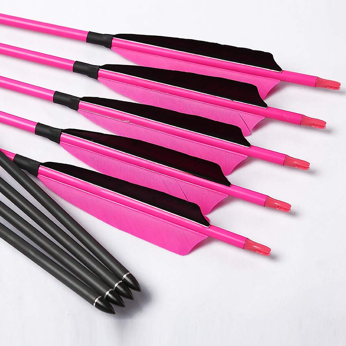 Linkboy Archery Spine 300-600 Arrows Pure Carbon ID6.2mm Shaft Fluorescent Pink Turkey Vanes Points Bow Hunting Shooting 6PCS (Spine 300 30inch)