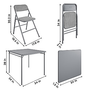 CoscoProducts COSCO Premium 5-Piece Dining Set, with 34" Vinyl Top Card Table and 4 Fabric Padded Seat & Back Folding Chairs, Gray
