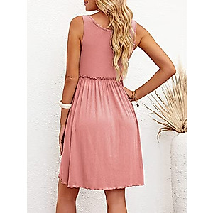 SENSERISE Womens Sleeveless Summer Dress Square Neck Ribbed Knit Sundress Ruffle Flowy Beach Short Mini Tank Dresses(Watermelon Pink,XL)