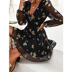 CUPSHE Women's Mini Dress Floral Print Chiffon Flowy Dresses Long Sleeve Dress for Women