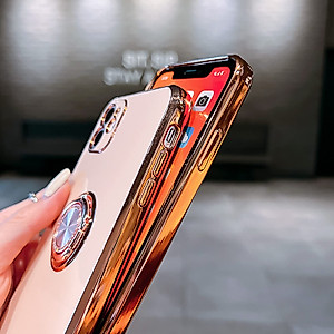 Yepda Case for iPhone 13 Pro Max Ring Holder Case with Diamond Shiny Plating Rose Gold Edge Built-in 360 Rotation Magnetic Kickstand for Women Girls Slim Soft TPU Protective Cover 6.7 Inch, White