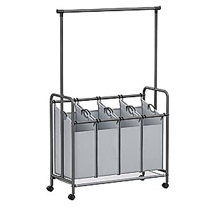 4-Bag Laundry Sorter Rolling Cart with Hanging Bar Heavy-Duty Wheels Gray Grey Polyester
