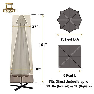 HERA'S PALACE Patio Umbrella Cover, 600D Protective Waterproof Cover with Zipper, High-Density Stitching, Patio Umbrella Covers for 9-13 Feet Cantilever Offset Umbrella