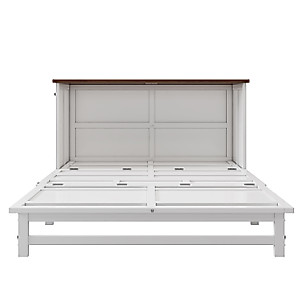 Harper & Bright Designs Full Size Murphy Bed, Solid Pine Murphy Bed Chest with Charging Station and Large Storage Drawer for Home Office or Small Room, White+Walnut