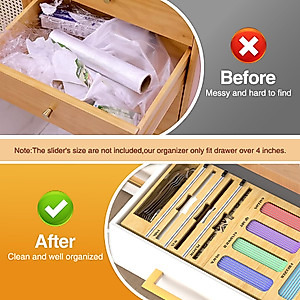 HOSTENU Storage Bag Organizer for Kitchen Drawer, 9 in 1 Foil and Plastic Wrap Dispenser with Cutter, Bamboo Plastic Baggie Organizer for Gallon, Quart, Sandwich, Snack & 12"" Rolls, Orange