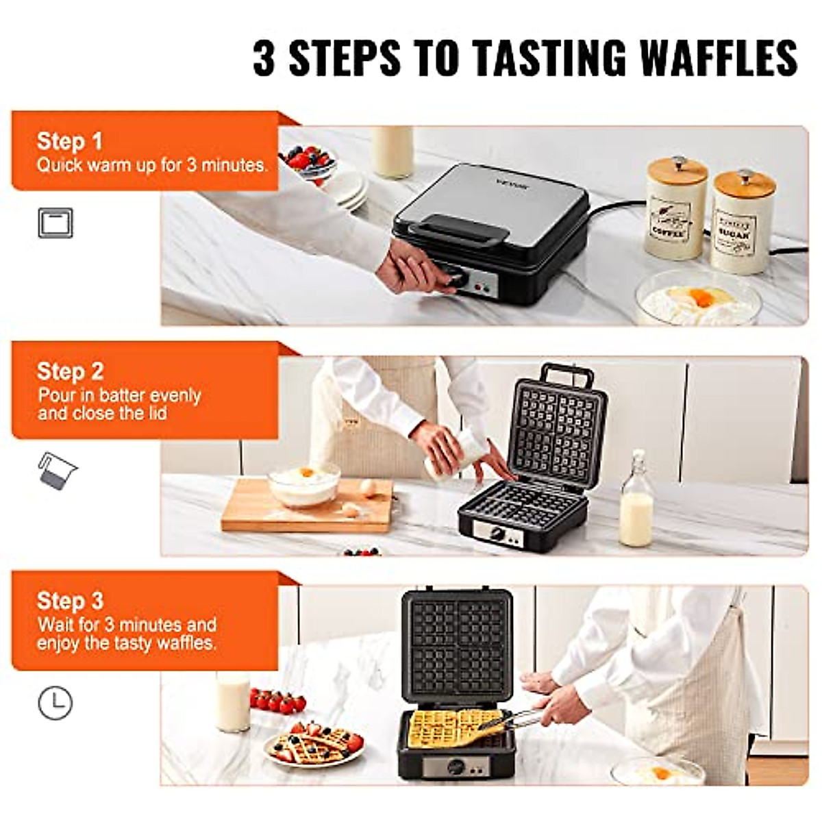 VEVOR Waffle Maker 1200W Square Waffle Iron, Non-Stick Waffle Baker Machine with Five-setting Browning Controls, 4 Slice Belgian Waffle Maker Teflon-Coated Baking Pans Stainless Steel Body, 120V