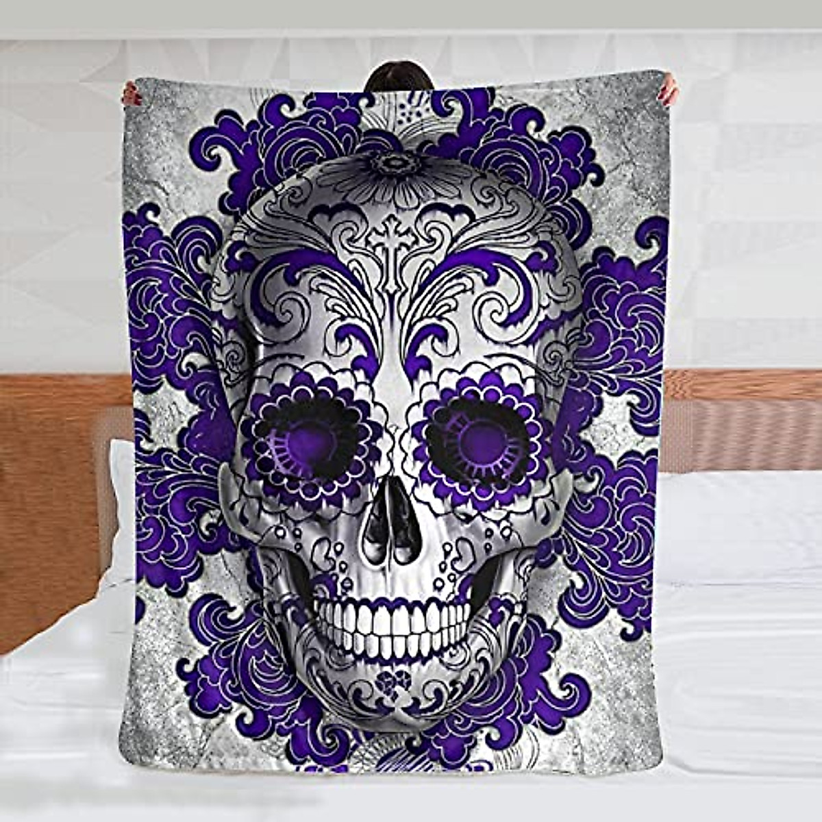 Blue Sugar Skull Floral Throw Blanket Warm Ultra-Soft Micro Fleece Blanket for Bed Couch Living Room Decoration
